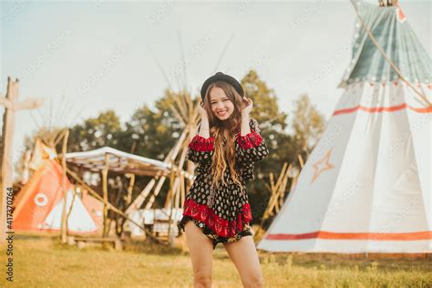 Young Beautiful Girl Smiling On Background Teepee Tipi Native Indian