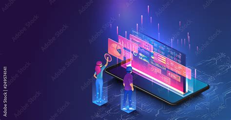 Isometric Men And A Woman Wearing Goggle Headset With Touching Vr Interface People Interacting