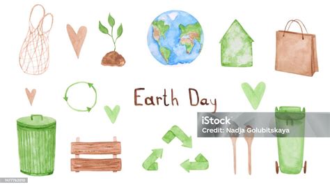 흰색으로 분리된 17개의 재활용 개체 세트 수채화 쓰레기통 종이 봉지 나무 상자 식물 새싹 행성 온실 심장 포크 및 지구의 날에 서명하십시오 지구의 날 삽화 에코 클립 아트