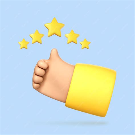 성공 또는 좋은 피드백을 위한 3d 만화 손 엄지손가락 별 5개 등급 긍정적인 개념 및 기호와 같은 고객 리뷰 등급 및 클라이언트 피드백 개념 벡터 3d 그림 프리미엄 벡터