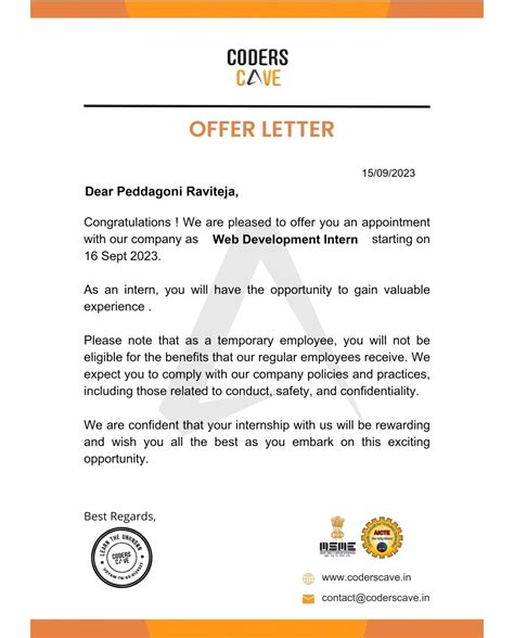 Coderscave Internship Certification Offerletter Peddagoni Raviteja