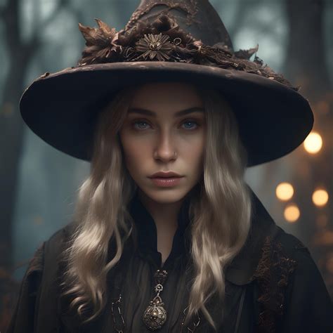 Premium Photo A Young Witch With Long Blonde Hair Wearing A Black Hat