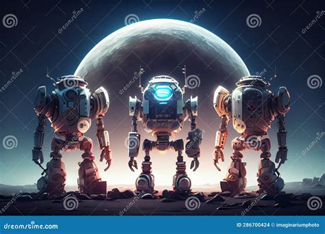 Three Robots In Space Galaxy Standing On Planet With Moon View Futuristic Robots Illustration