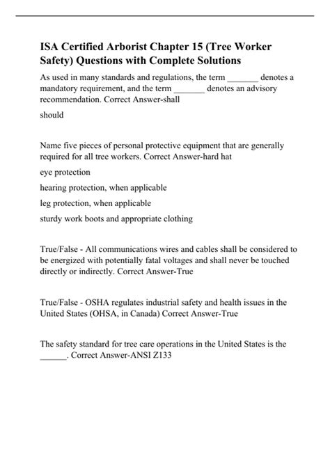 Isa Certified Arborist Chapter 15 Tree Worker Safety Questions With Complete Solutions Isa