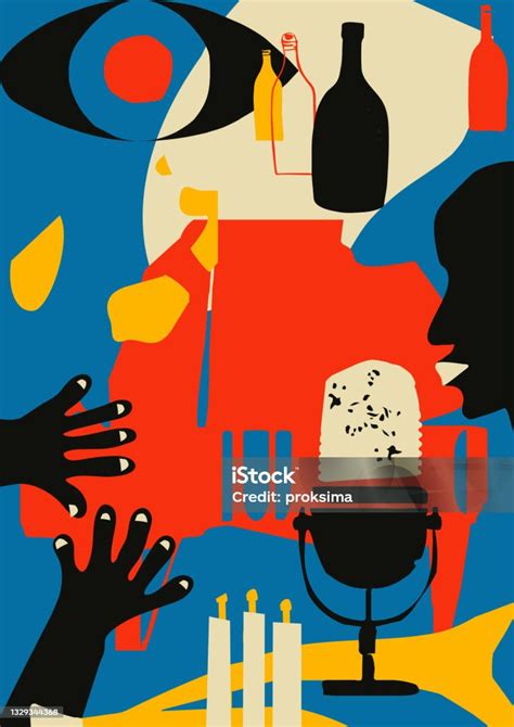 악기 다채로운 벡터 일러스트와 뮤지컬 홍보 포스터 라이브 콘서트 이벤트 축하 및 재미 클럽 및 파티 전단지를위한 병이있는 피아노와 마이크 마실 것에 대한 스톡 벡터 아트 및