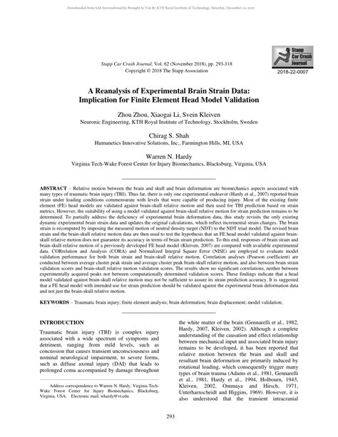 Pdf A Reanalysis Of Experimental Brain Strain Data Implication For Finite Element Head Model