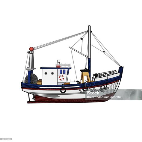 바다 또는 해양 수송 해산물의 산업 생산을위한 바다 선박 벡터 그림입니다 어선에 대한 스톡 벡터 아트 및 기타 이미지 어선 트롤선 강 Istock