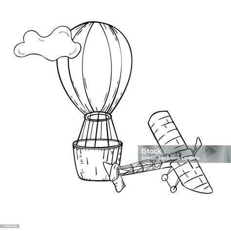 열기구와 비행기 와 흑인과 백인 윤곽선 벡터 그림 고립된 하늘에 큰 풍선이 있는 비행기 실루엣입니다 복고풍 수송 간단한 채색 항공 운송 그래픽 그려짐 0명에 대한 스톡 벡터
