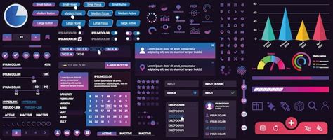 모바일 앱 및 웹 사이트의 Ui 구성 요소 집합 버튼 패널 메뉴 슬라이더 및 차트를 포함합니다 프리미엄 벡터