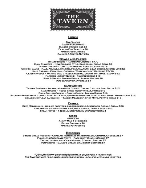 The Tavern Restaurant Menu Menu For The Tavern Restaurant Brady Arts
