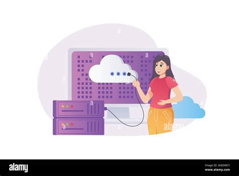 Cloud Computing Concept In Flat Style With People Scene Happy Woman Working With Cloud Service
