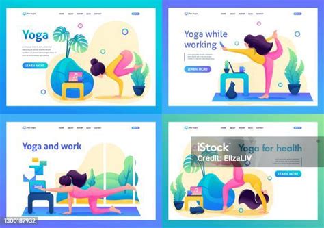 집에서 요가 수업의 주제에 방문 페이지의 집합 플랫 2d 랜딩 페이지 강사에 대한 스톡 벡터 아트 및 기타 이미지 강사 균형 댄서 Istock