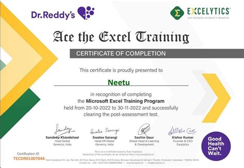 Neetu Upadhyay On Linkedin Drreddys Exceltraining Certification