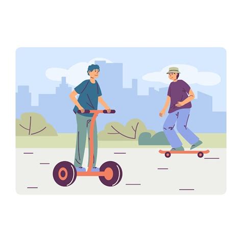 Personnages De Dessins Animés De Jeunes Hommes Utilisant Un Segway Et