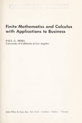 Finite Mathematics And Calculus With Applications To Business By Paul Gerhard Hoel Open Library