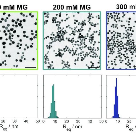 bright field stem micrographs and particle size distributions showing