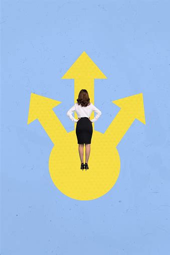 트렌드 아트 워크 복합 배너 3d 사진 콜라주 화살표 방향 상인 선택 다른 경로 젊은 아가씨 성공 노동자 스탠드 리더십에 대한