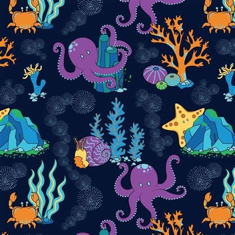 Bioluminescence Seamless Pattern Motifs Include Octopus Star Fish