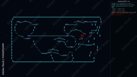 Neon Ascii World Map Interface Simulating Global Network Access Nodes