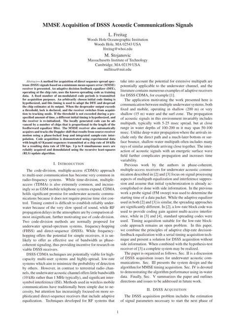 Pdf Mmse Acquisition Of Dsss Acoustic Communications Signals