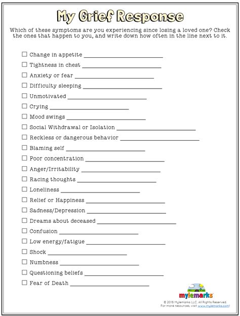 Grief Worksheet For Adults My Grief Response Worksheet My Grief