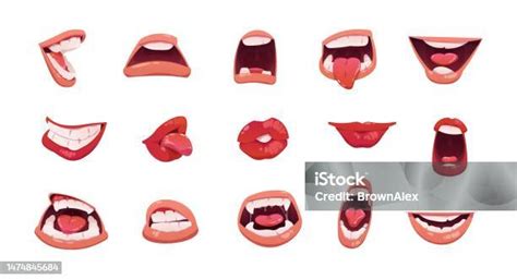 만화 입 입을 벌리고 옷을 입은 입술 슬픈 웃음 미소 분노 혀와 이빨로 귀여운 얼굴 감정 벡터 입 얼굴 표정 격리 세트 감정에 대한 스톡 벡터 아트 및 기타 이미지 Istock