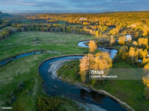 푸른 들판과 노란 잎이있는 나무로 둘러싸인 강의 공중 촬영 0명에 대한 스톡 사진 및 기타 이미지 0명 가을 강 Istock