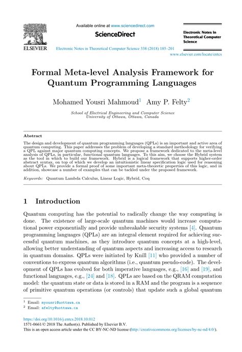Pdf Formal Meta Level Analysis Framework For Quantum Programming