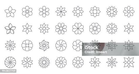 꽃 벡터 선 아이콘 입니다 꽃무늬 편집 가능한 획 세트입니다 다양 한 봄과 여름 꽃봉오리 로즈 물망초 카모마일 등 흰색 배경에 스톡 일러스트 데이지속에 대한 스톡 벡터 아트