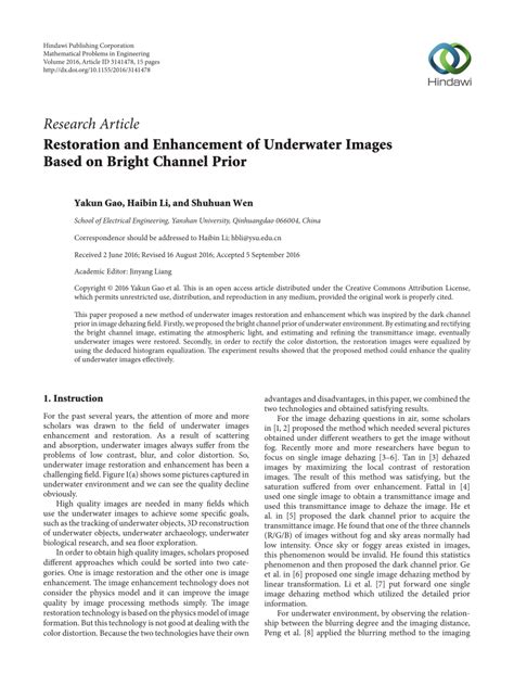 Pdf Restoration And Enhancement Of Underwater Images Based On Bright