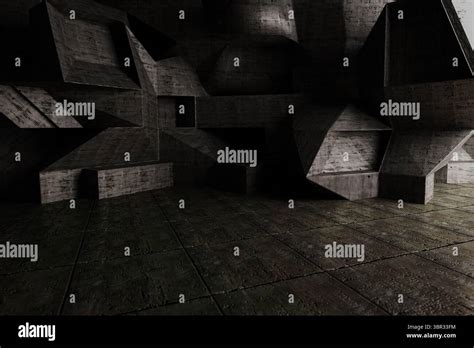 Angular Concrete Wall Sculpture Is Appearing In Flat Design Industrial Space With Tiled Metal