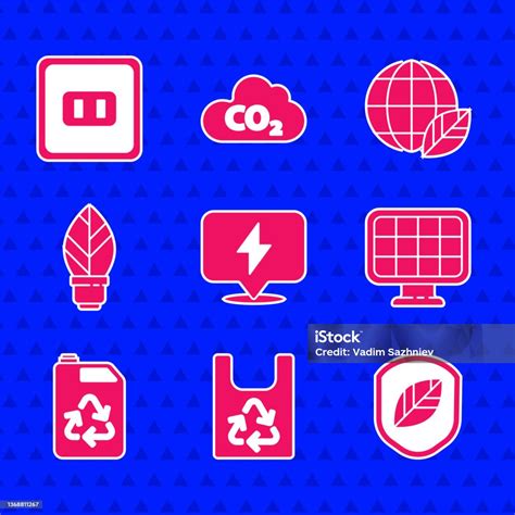 세트 번개 볼트 재활용 비닐 봉지 방패 잎 태양 에너지 패널 에코 연료 캐니스터 전구 지구 지구 및 전기 콘센트 아이콘 벡터 개념에 대한 스톡 벡터 아트 및 기타 이미지