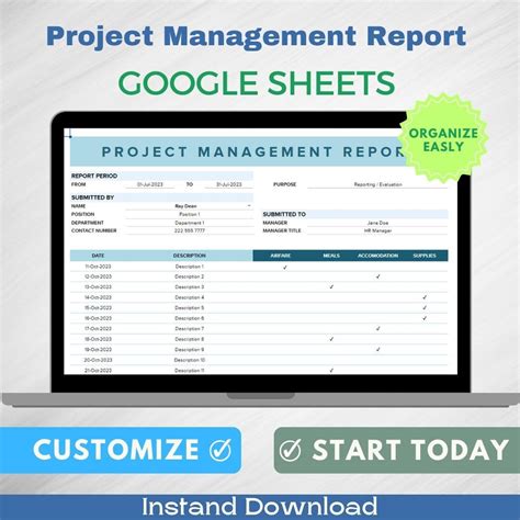 Project Management Report Template Editable Google Sheets For Task Tracking Performance