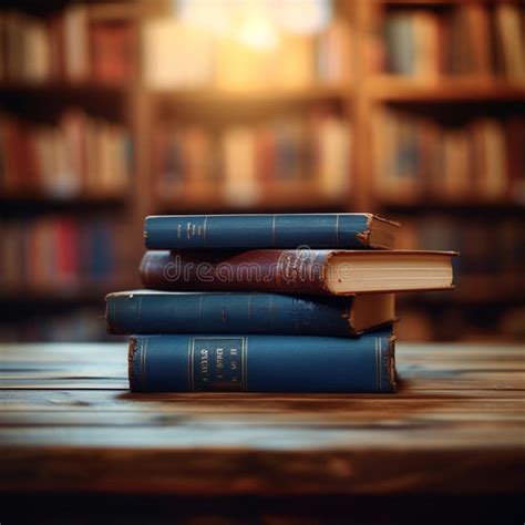 Library Serenity Books Stacked On Wooden Table Blurred Bookshelf Backdrop Stock Illustration