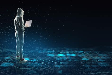 Premium Photo Hacker With Laptop Computer And Mock Up Place With Creative Blue Hexagonal
