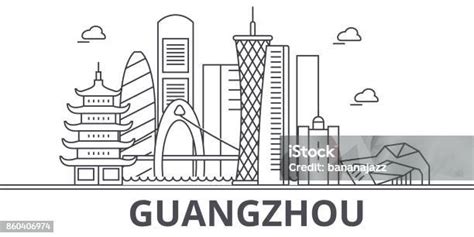 광저우 건축 선 스카이 라인 일러스트입니다 유명한 랜드마크 시티 명소와 선형 벡터 풍경 디자인 아이콘 편집 가능한 선 프리 광저우에 대한 스톡 벡터 아트 및 기타 이미지