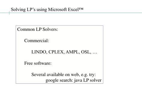 Ppt Solving Lps Using Microsoft Excel™ Powerpoint Presentation Free