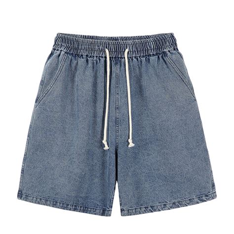 Mens Elastic High Waist Wide Leg Casual Denim Shorts Loose Fit Jean Shorts Bluel