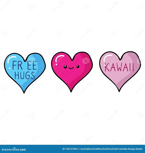 Kawaii Heart With Face And Free Hugs Cartoon Vector Illustration Motif Set Hand Drawn Isolated