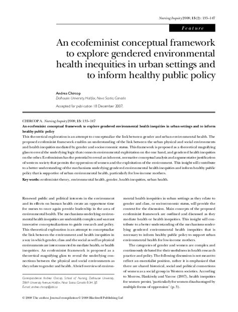Pdf An Ecofeminist Conceptual Framework To Explore Gendered Environmental Health Inequities In