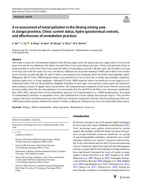 Pdf A Re Assessment Of Metal Pollution In The Dexing Mining Area In