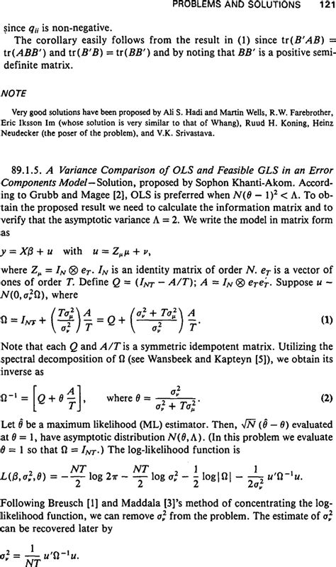 A Variance Comparison Of Ols And Feasible Gls In An Error Components Model Econometric Theory