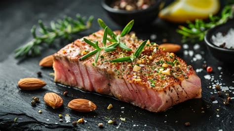 Generative Ai Lightly Seared Tuna Steak With Almonds Close Up Lightly
