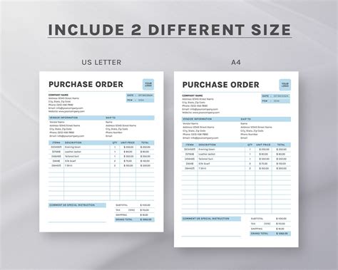 Purchase Order Template Editable Form For Word And Excel Etsy