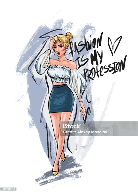 패션은 내 직업 슬로건입니다 손으로 그려진 아름다운 젊은 여자 패션 우먼의 모습 스케치벡터 일러스트레이션 Eps 10 Theatrical Performance에 대한 스톡