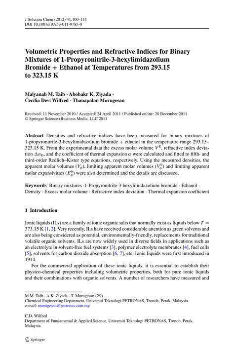 Pdf Volumetric Properties And Refractive Indices For Binary Mixtures Of 1 Propyronitrile 3