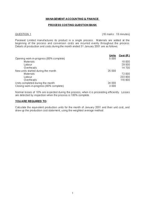 Process Costing Question Bank MANAGEMENT ACCOUNTING FINANCE PROCESS COSTING QUESTION