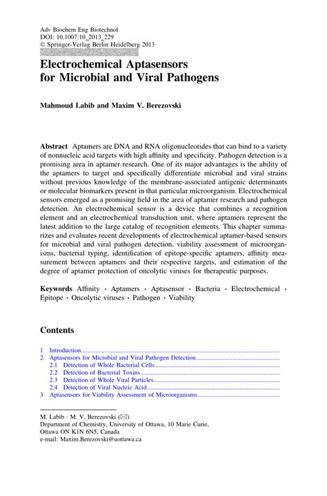 Pdf Electrochemical Aptasensors For Microbial And Viral Pathogens In Advances In Biochemical