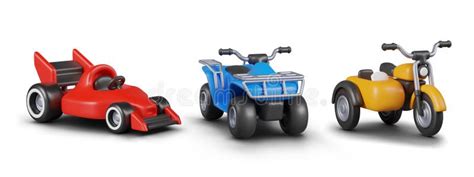 Set Of Toy Land Racing Vehicles In 3d Style Red Car Quad Bike