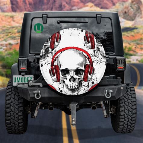 Human Skulls In Red Headphone Spare Tire Cover Car Accessories Jeep
